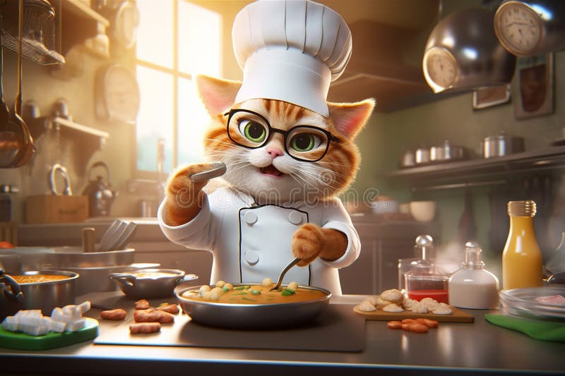 Cat is a Chef Cooking in Kitchen, 3d Realism Style Cartoon Character ...