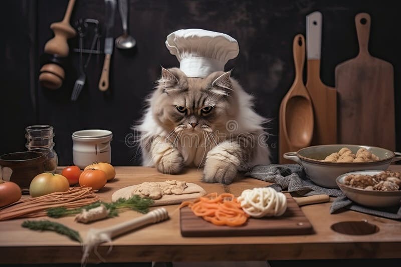 Cat Chef Creating Culinary Masterpiece with Ingredients and Tools Stock ...