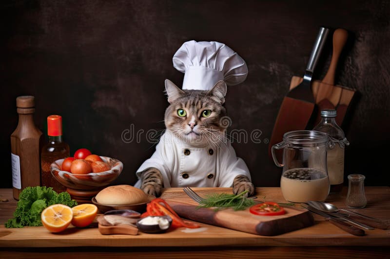 Cat Chef Creating Culinary Masterpiece with Ingredients and Tools Stock ...