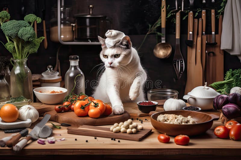 Cat Chef Creating Delicious Meal from Scratch, Using Fresh Ingredients ...