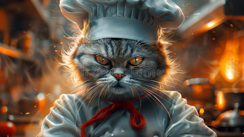 Cat Chef in a Fiery Kitchen - Generative Ai Stock Illustration ...