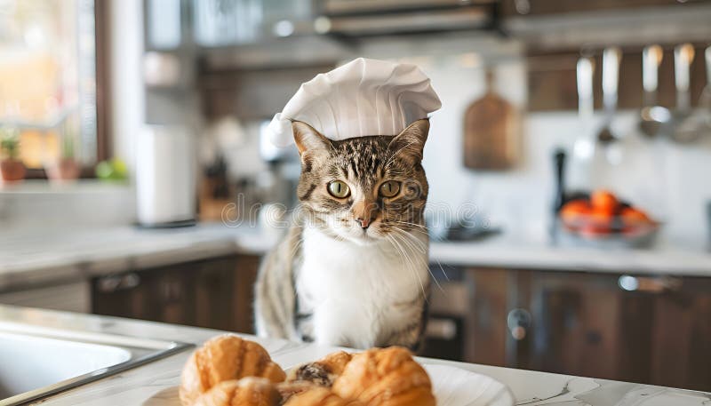 Cat in Chef Hat in White Kitchen Interior Stock Image - Image of ...