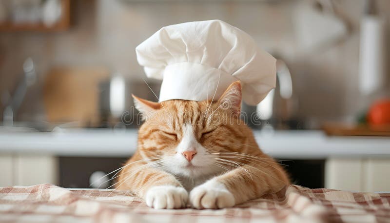 Cat in Chef Hat in White Kitchen Interior Stock Image - Image of apron ...