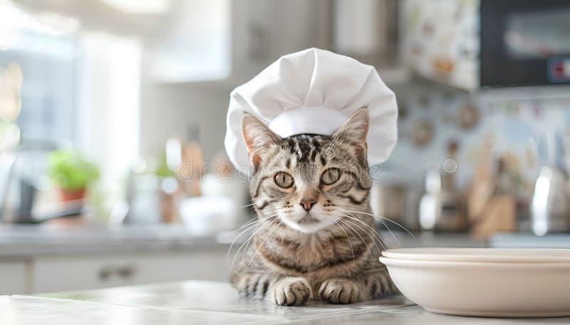 Cat in Chef Hat in White Kitchen Interior Stock Image - Image of food ...
