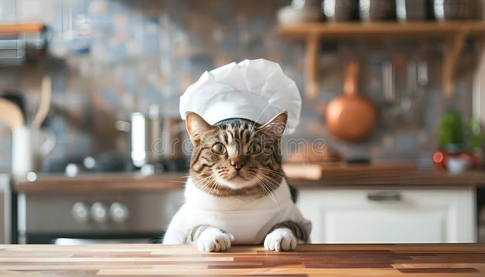 Cat in Chef Hat in White Kitchen Interior Stock Photo - Image of ...