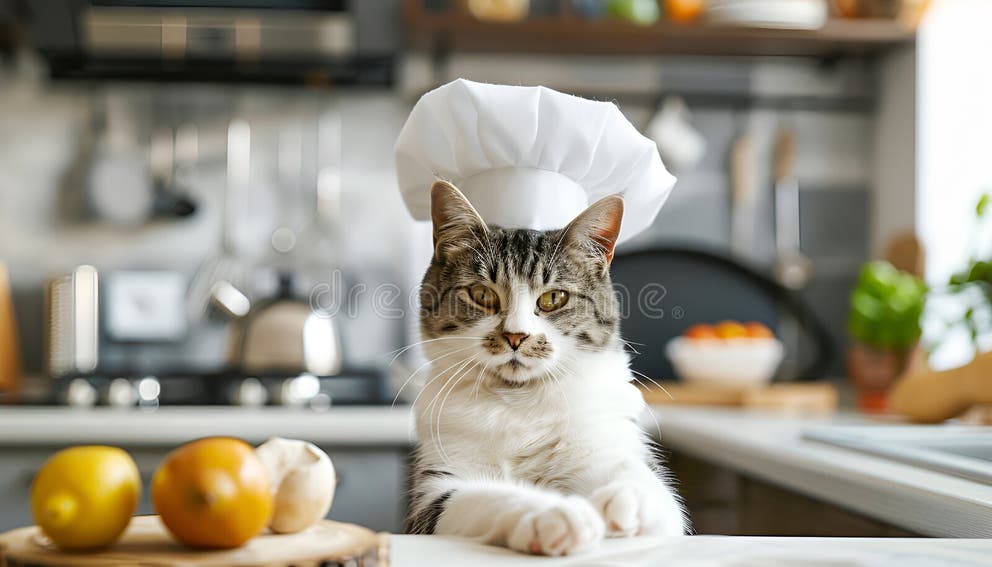 Cat in Chef Hat in White Kitchen Interior Stock Photo - Image of funny ...