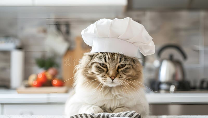 Cat in Chef Hat in White Kitchen Interior Stock Photo - Image of chef ...