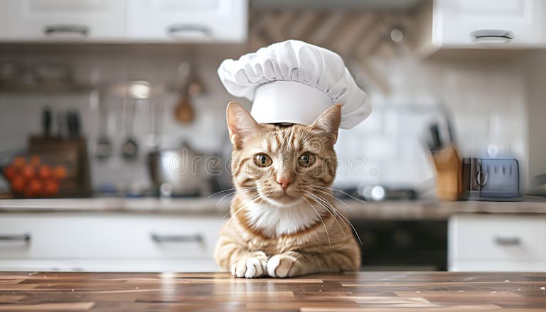 Cat in Chef Hat in White Kitchen Interior Stock Photo - Image of ...