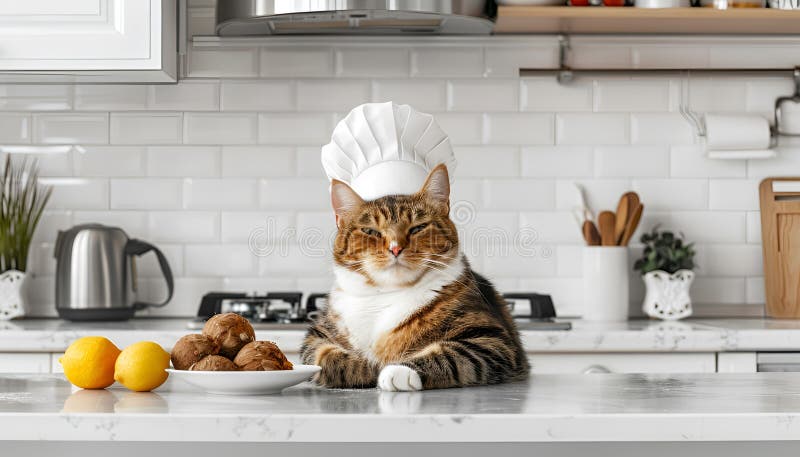 Cat in Chef Hat in White Kitchen Interior Stock Photo - Image of apron ...