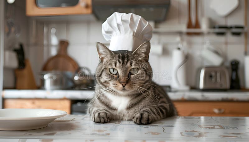 Cat in Chef Hat in White Kitchen Interior Stock Photo - Image of animal ...