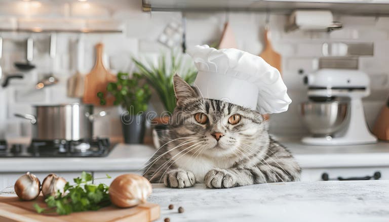 Cat in Chef Hat in White Kitchen Interior Stock Image - Image of chef ...