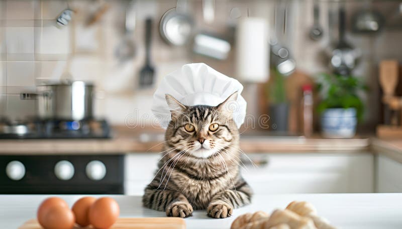 Cat in Chef Hat in White Kitchen Interior Stock Image - Image of coat ...