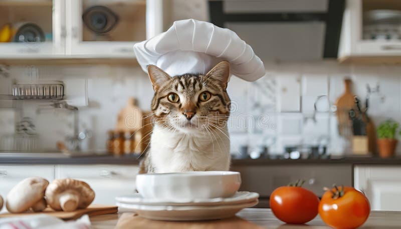 Cat in Chef Hat in White Kitchen Interior Stock Photo - Image of flour ...