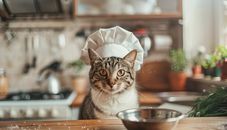 Cat in Chef Hat in White Kitchen Interior Stock Photo - Image of apron ...