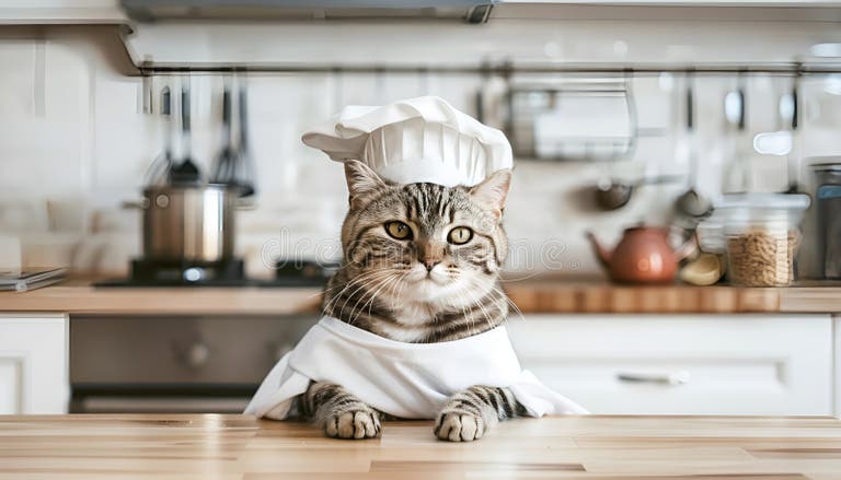 Cat in Chef Hat in White Kitchen Interior Stock Photo - Image of food ...