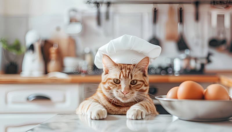 Cat in Chef Hat in White Kitchen Interior Stock Photo - Image of chef ...