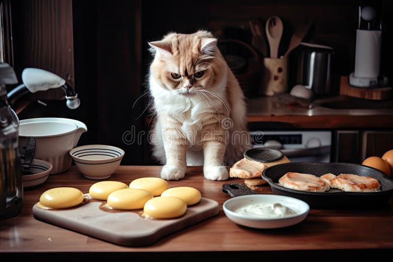 Cat Chef Preparing Breakfast Feast of Fluffy Pancakes, Scrambled Eggs ...