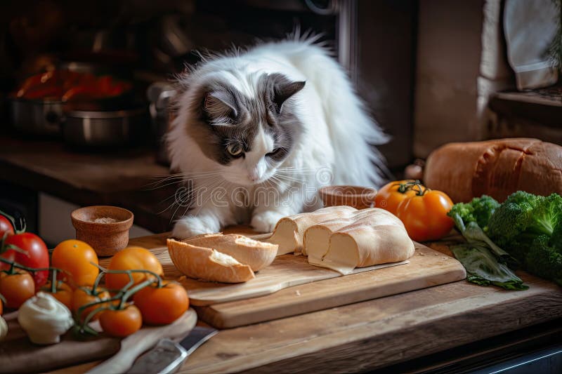 Cat Chef Preparing a Feast of Fish, Cheese and Vegetables for Hungry ...