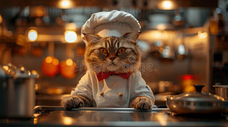 Cat Chef in a Professional Kitchen - Generative Ai Stock Illustration ...