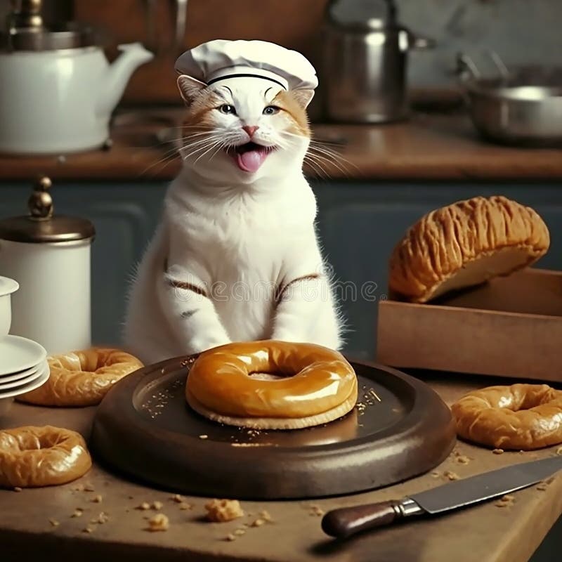 Cat in a Chef S Cap Suit, Sits on a Table in the Kitchen. Generative AI ...