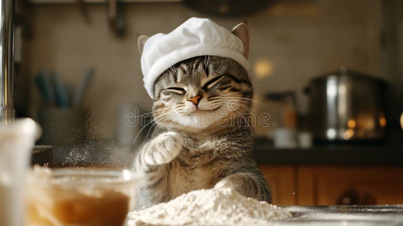Cat in Chef S Hat Baking in the Kitchen with Flour Stock Photo - Image ...