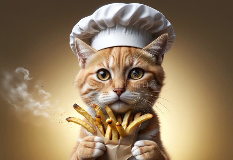 Cat Chef in a Chef S Hat with French Fries Stock Image - Image of ...
