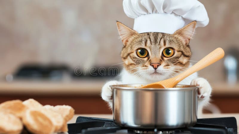 A Cat in a Chef S Hat Stirring Something with a Spoon, AI Stock Image ...