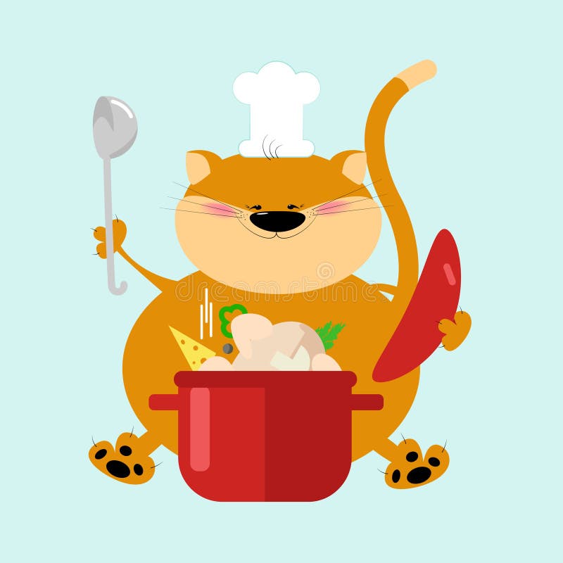 Cat Chef Sits with a Pot of Ready Meals Funny Cartoon Cat Chef. Stock ...