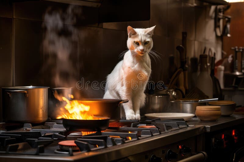 Cat Chef Standing Over Hot Stove, Cooking Up a Storm in the Kitchen ...
