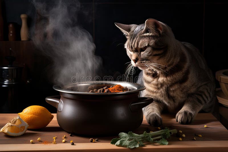 Cat Chef Stirring Bubbling Pot, Adding Spices and Flavors Stock ...