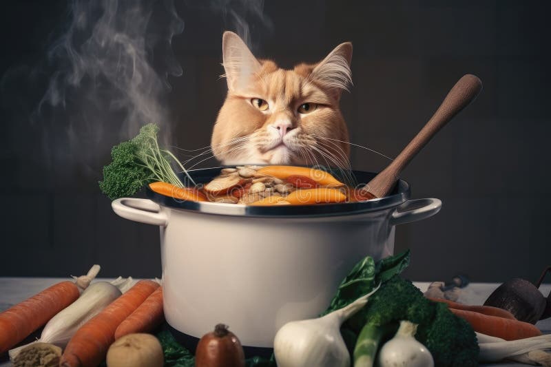 Cat Chef Stirring Pot Full of Freshly Cooked Chicken and Vegetables ...