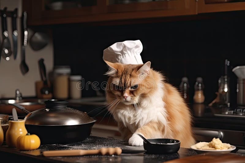 Cat Chef, with Whisk in Hand, Preparing Fluffy Omelette for Hungry ...