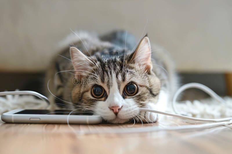 Cat is Chewing the Phone Charging Wire at Home Stock Illustration ...