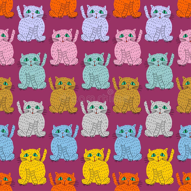 Cat Childrens Hand Drawing Pattern Seamless. Baby Fabric Texture Stock ...