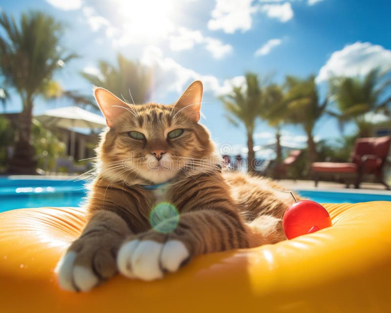 Cat is Chilling on a Pool Float and Playing with Toys. Stock ...