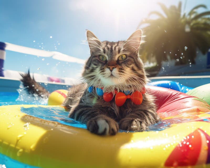 Cat is Chilling on a Pool Float and Playing with Toys. Stock ...