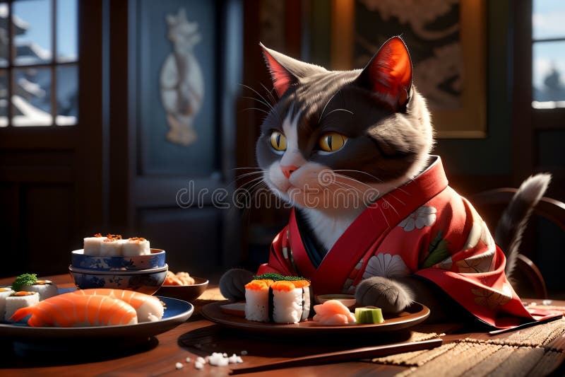 Cat in a Chinese Kimono Prepares Sushi Stock Image - Image of japan ...