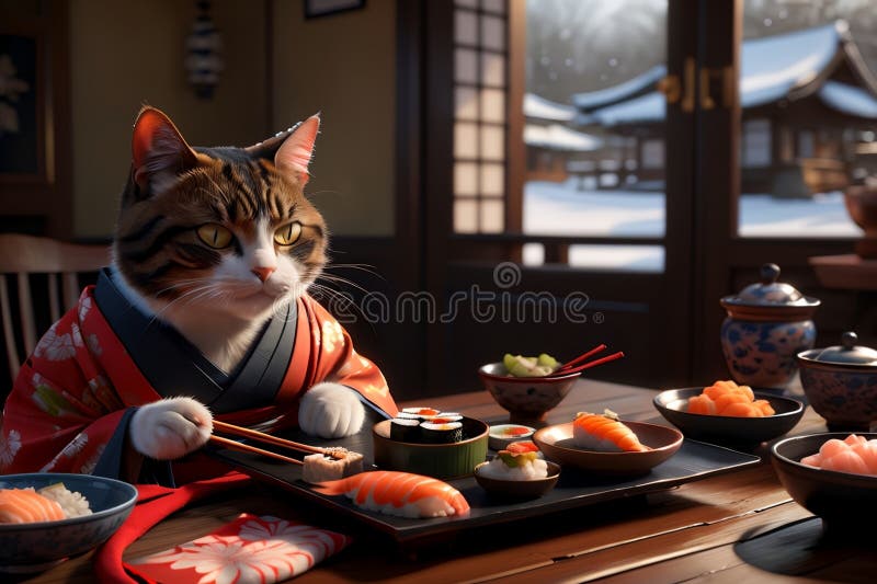 Cat in a Chinese Kimono Prepares Sushi Stock Photo - Image of class ...