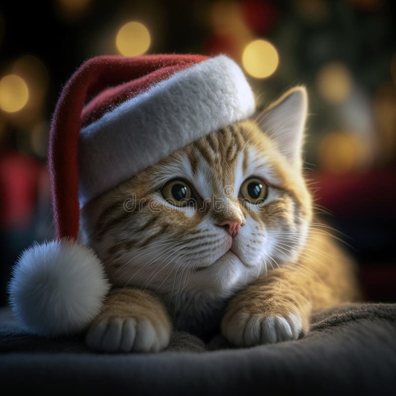 Cat with a Christmas Hat Illustration Generated by AI, Artificial ...