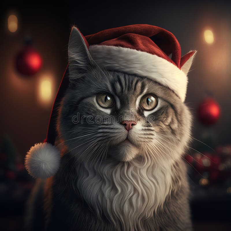 Cat with a Christmas Hat Illustration Generated by AI, Artificial ...
