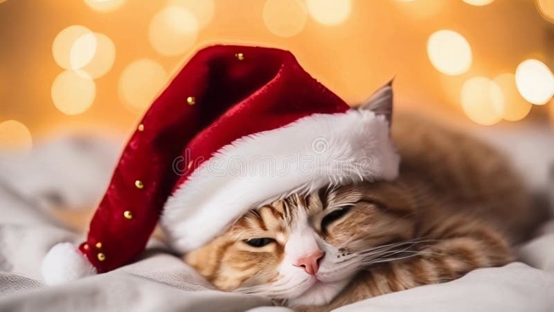 Cat in Christmas Hat Sleeping on Sofa Stock Footage - Video of ...