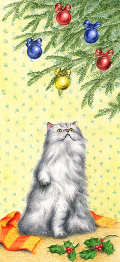 Cat and Christmas Tree Artwork Stock Illustration - Illustration of ...