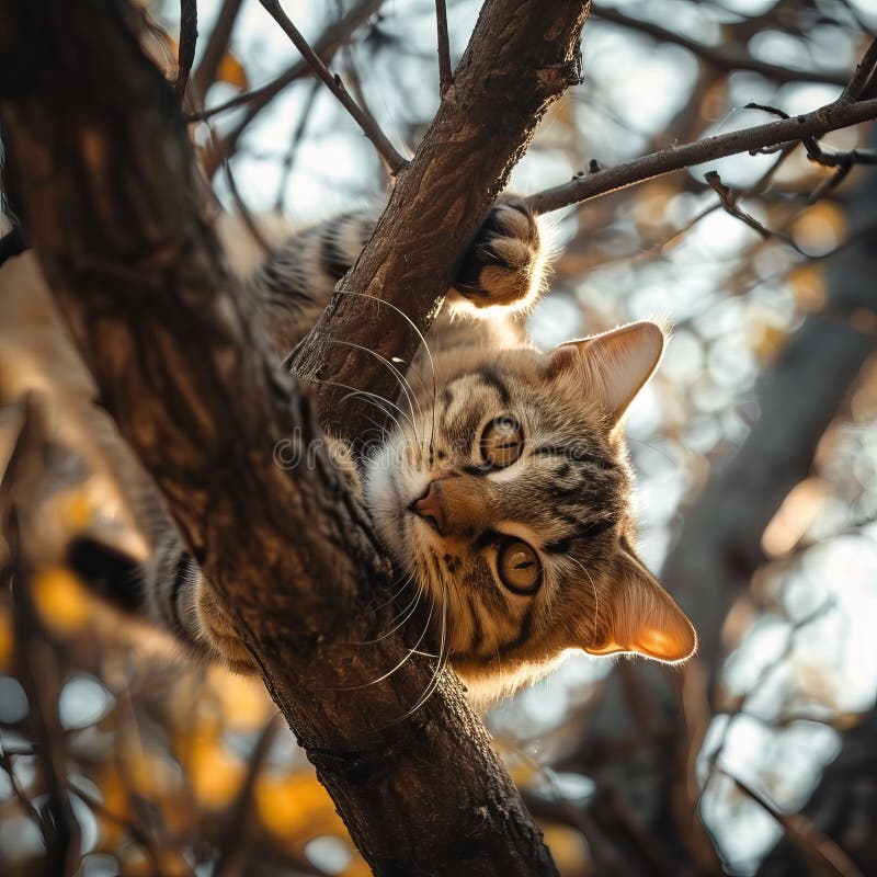 A Cat Climbing on a Tree Branch Stock Illustration - Illustration of ...
