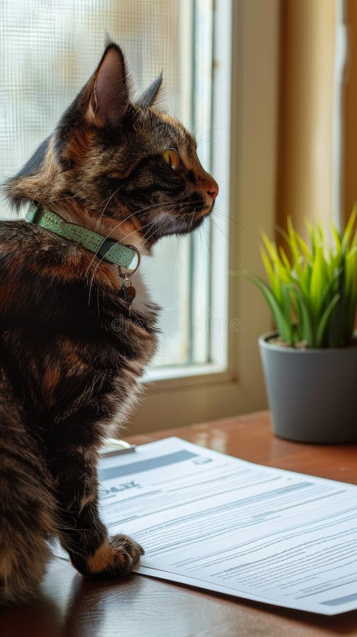 Cat with a Collar and Documents Concept Animal Interest Study Digital ...