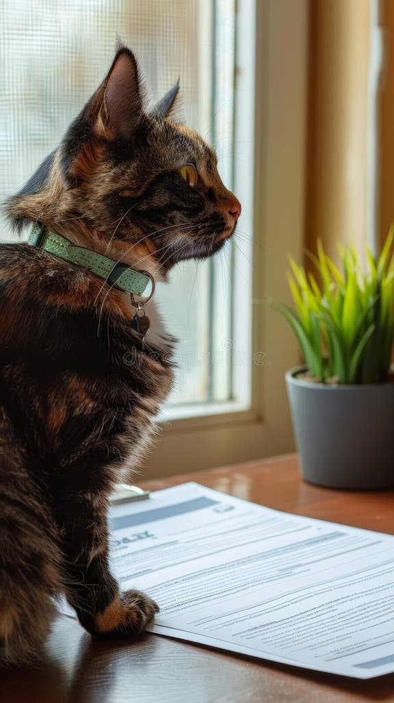 Cat with a Collar and Documents Concept Animal Interest Study Digital ...