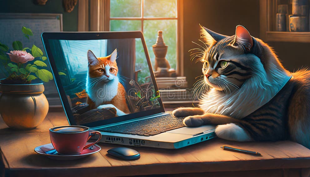 Cat at computer stock illustration. Illustration of mammal - 308706615