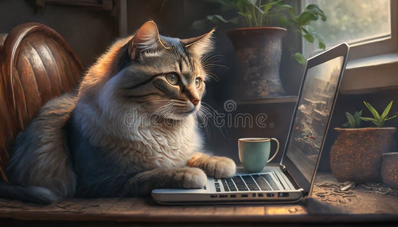Cat at computer stock illustration. Illustration of whiskers - 308706619