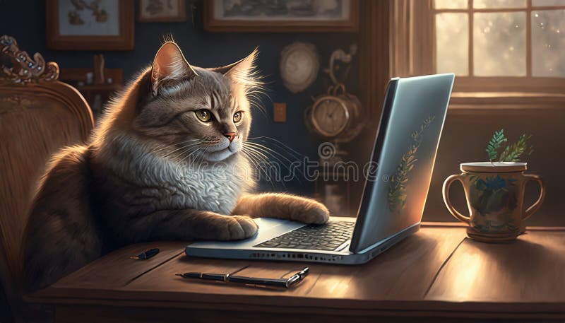 Cat at computer stock illustration. Illustration of computer - 308706621