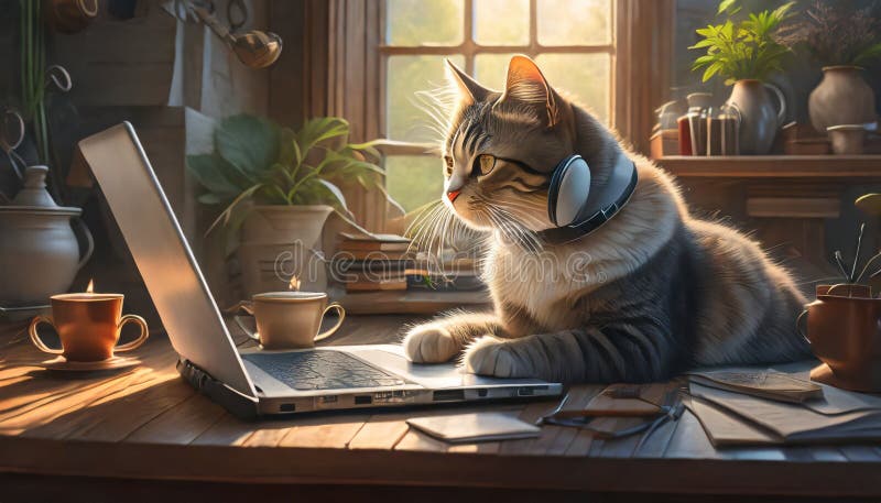 Cat at computer stock illustration. Illustration of whiskers - 308706611