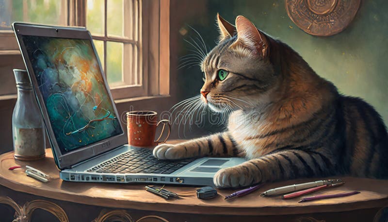 Cat at computer stock illustration. Illustration of wood - 308706627